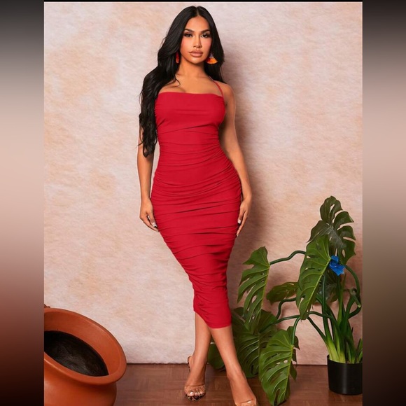 SHEIN | Dresses | New Solid Ruched Bodycon Dress Red | Poshmark